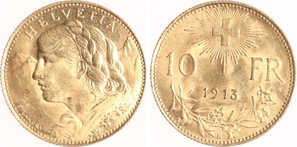 Schweiz 10 Franken 1913 B Vreneli. Vorzüglich | MA-Shops