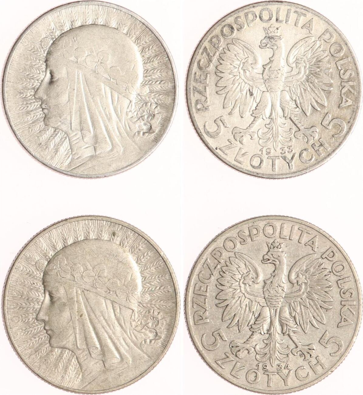 Polen 2 x 5 Zlotych 1933, 1934 Republik 1919-1939. Sehr schön | MA-Shops