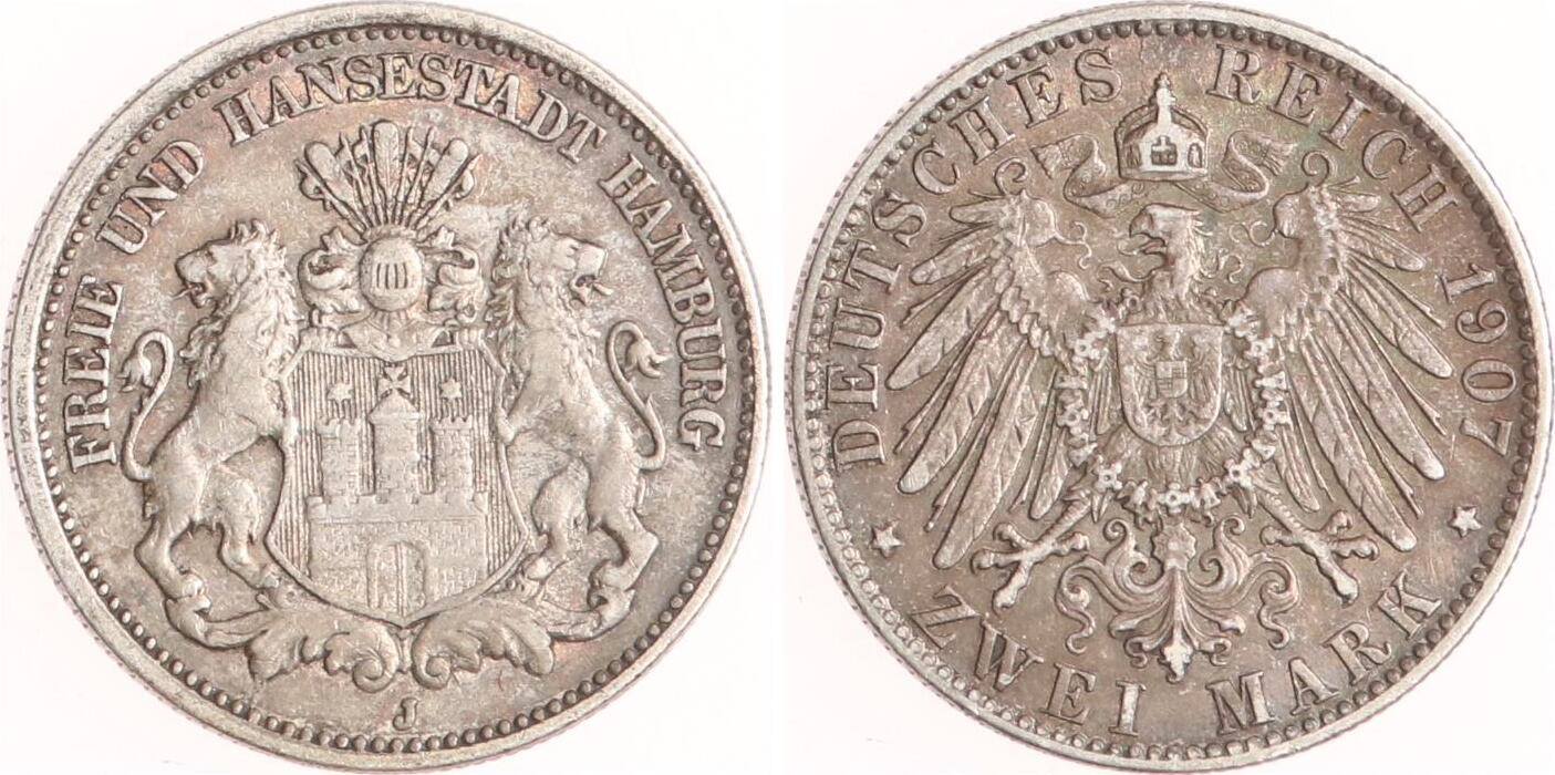 Hamburg 2 Mark 1907 J Sehr schön | MA-Shops