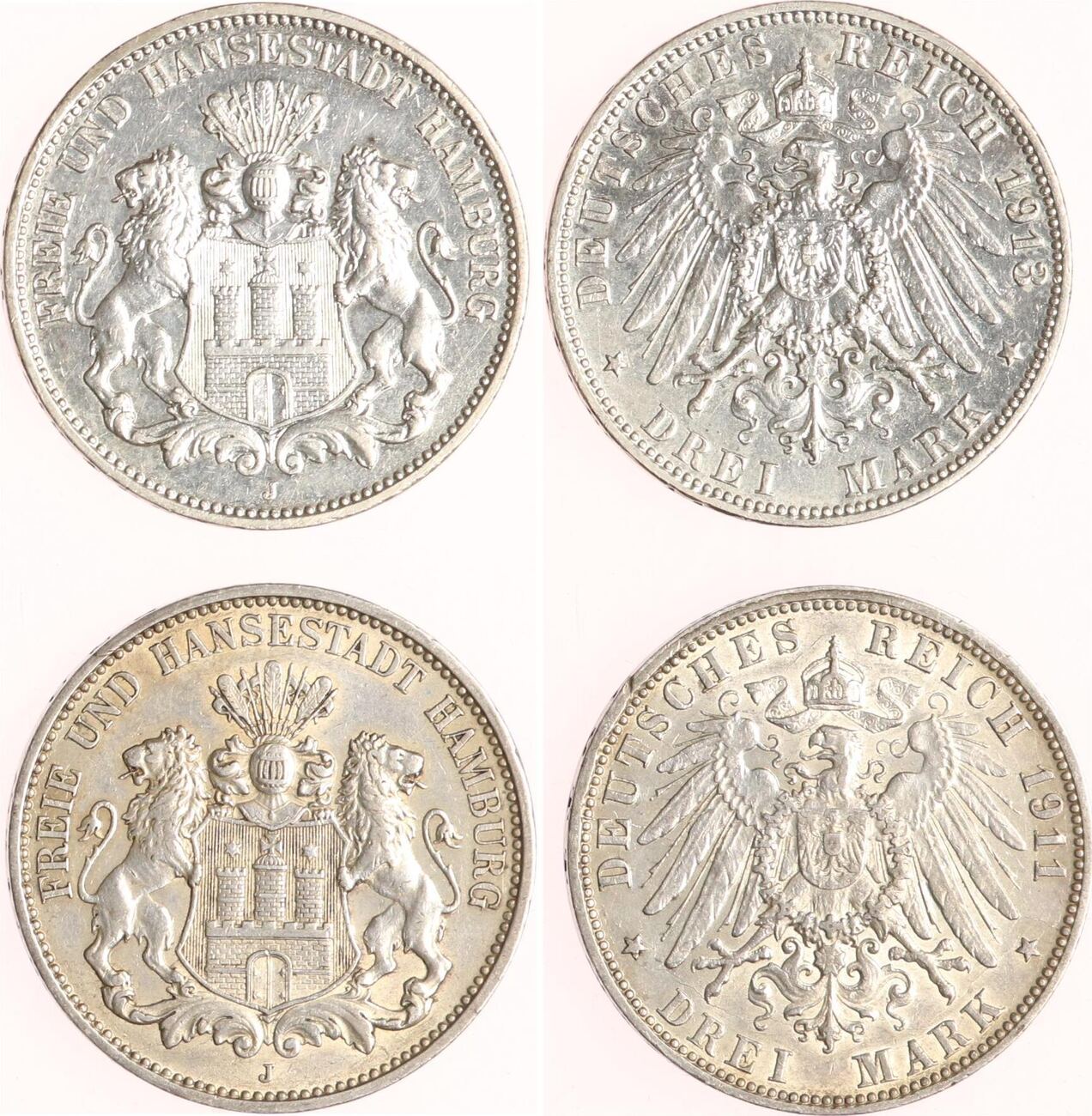 Hamburg 3 x 3 Mark 1911 J, 1913 J Sehr schön - vorzüglich | MA-Shops