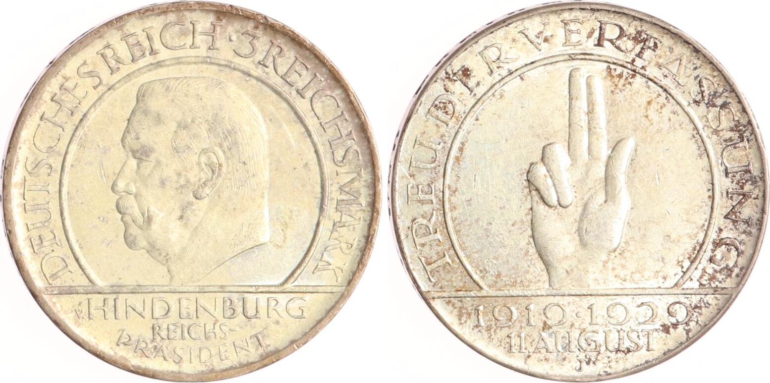 Weimarer Republik 3 Reichsmark 1929 J Verfassung. Sehr schön ...