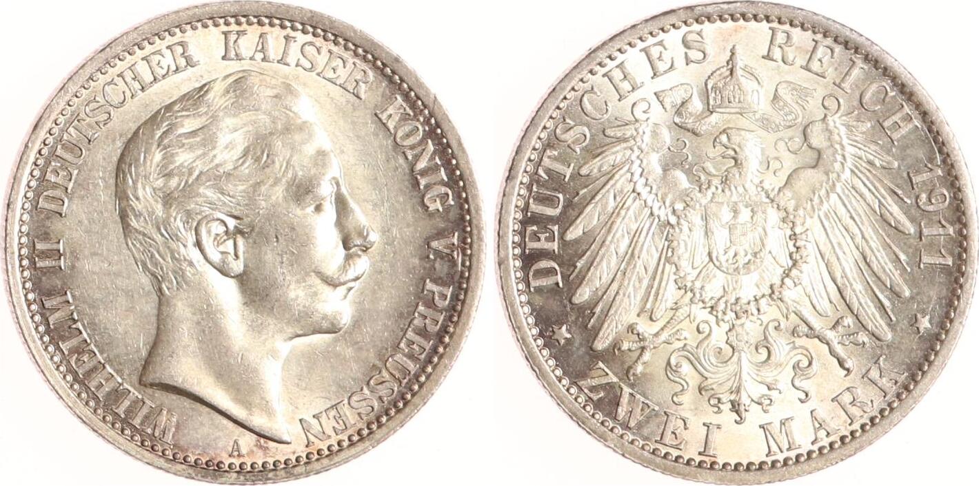 Preussen 2 Mark 1911 A Wilhelm II. 1888-1918. Vorzüglich - Stempelglanz | MA-Shops