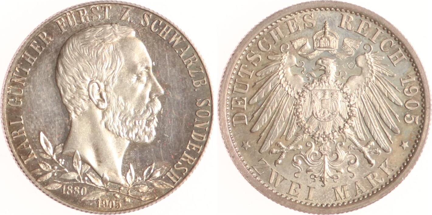 Schwarzburg-Sondershausen 2 Mark 1905 (A) Karl Günther 1880-1909. Polierte Platte, winziger ...