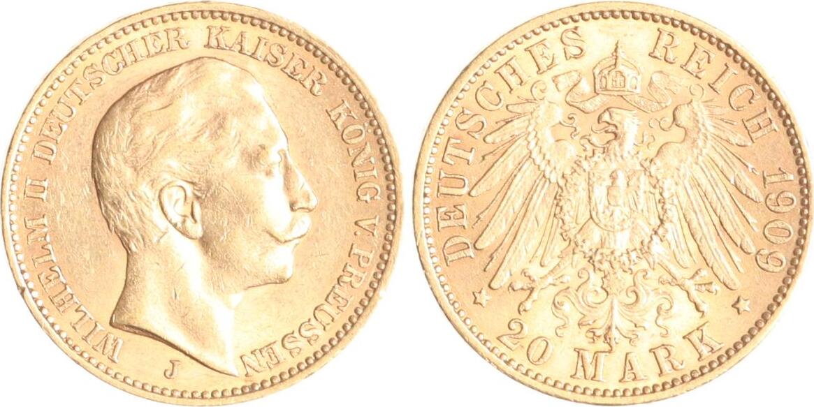 Preussen 20 Mark 1909 J Wilhelm II. 1888-1918. Vorzüglich | MA-Shops
