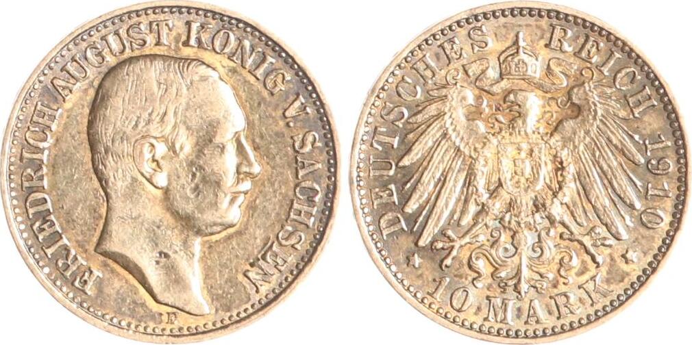 Sachsen 10 Mark 1910 E Friedrich August III. 1904-1918. Sehr schön, kleine Schrötlingsfehler ...