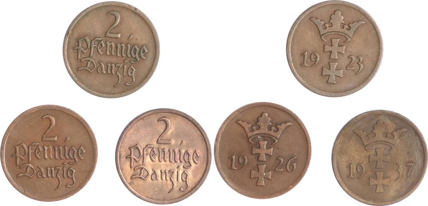 Danzig 3 x 2 Pfennig 1923 (A), 1926 (A), 1937 meist sehr schön | MA-Shops