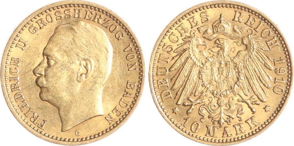 Baden 10 Mark 1910 G Friedrich II. 1907-1918. Vorzüglich, winzige Kratzer | MA-Shops
