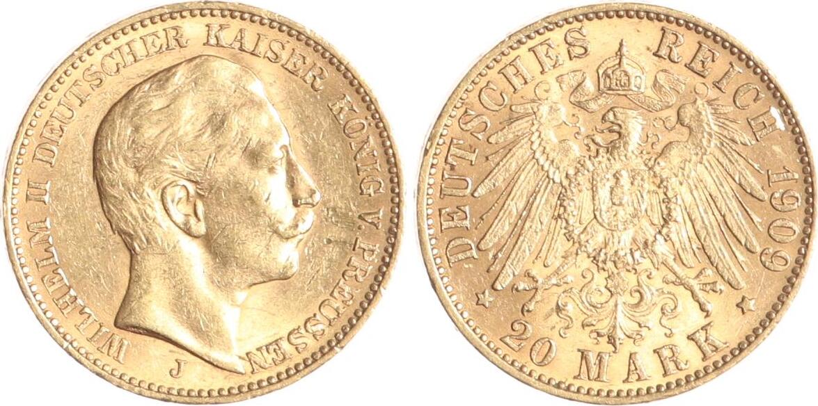 Preussen 20 Mark 1909 J Wilhelm II. 1888-1918. Sehr schön - vorzüglich | MA-Shops