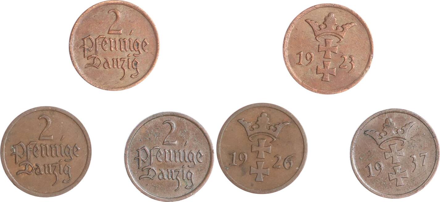 Danzig 3 x 2 Pfennig 1923 (A), 1926 (A), 1937 meist sehr schön | MA-Shops