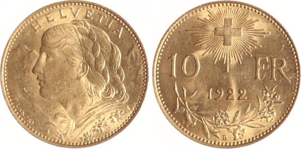 Schweiz 10 Franken 1922 B Vreneli. Vorzüglich - Stempelglanz | MA-Shops