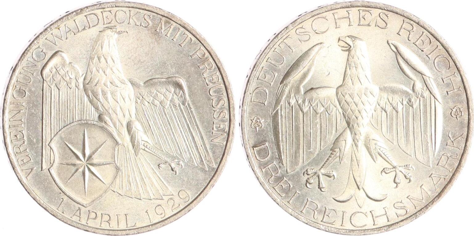 Weimarer Republik 3 Reichsmark 1929 A Waldeck. Fast Stempelglanz | MA-Shops
