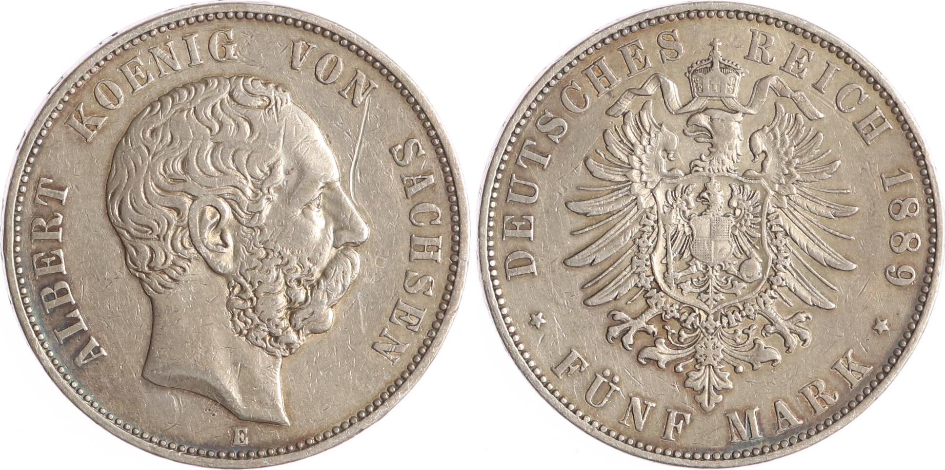 Sachsen 5 Mark 1889 E Albert 1873-1902. Sehr schön, Kratzer | MA-Shops