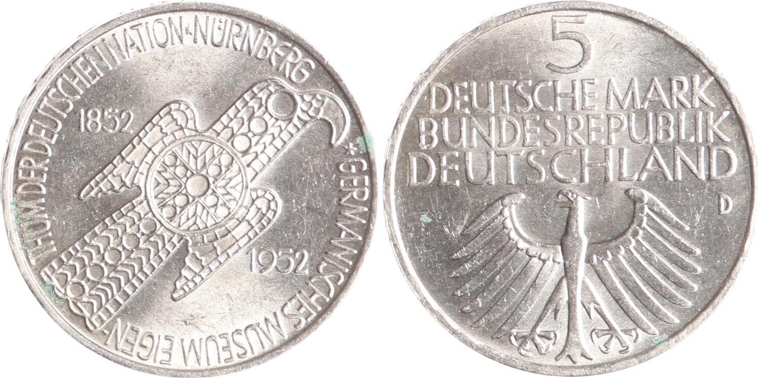 Bundesrepublik Deutschland 5 DM 1952 D Germanisches Museum. Vorzüglich ...
