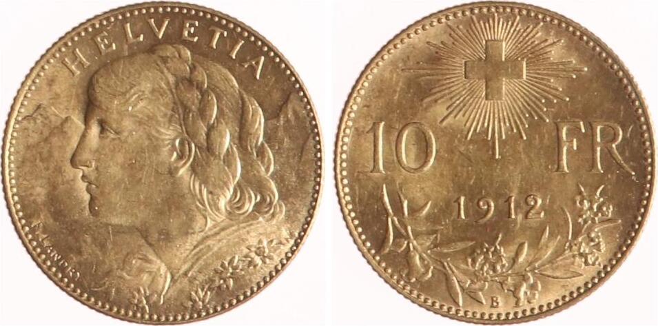 Schweiz 10 Franken 1912 B Vreneli. Vorzüglich - Stempelglanz | MA-Shops