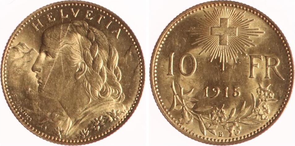 Schweiz 10 Franken 1915 B Vreneli. Vorzüglich - Stempelglanz | MA-Shops