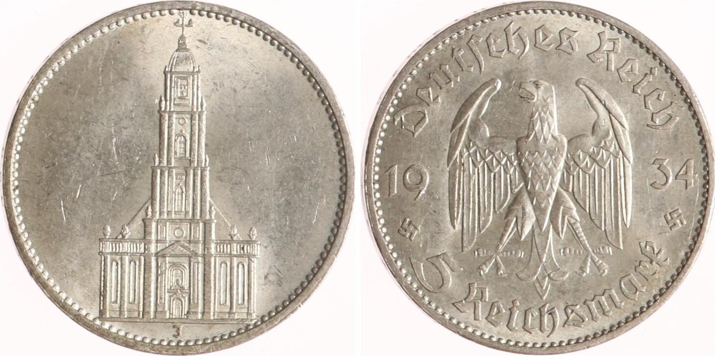 Drittes Reich 5 Reichsmark 1934 J Garnisonkirche ohne Datum. Vorzüglich ...