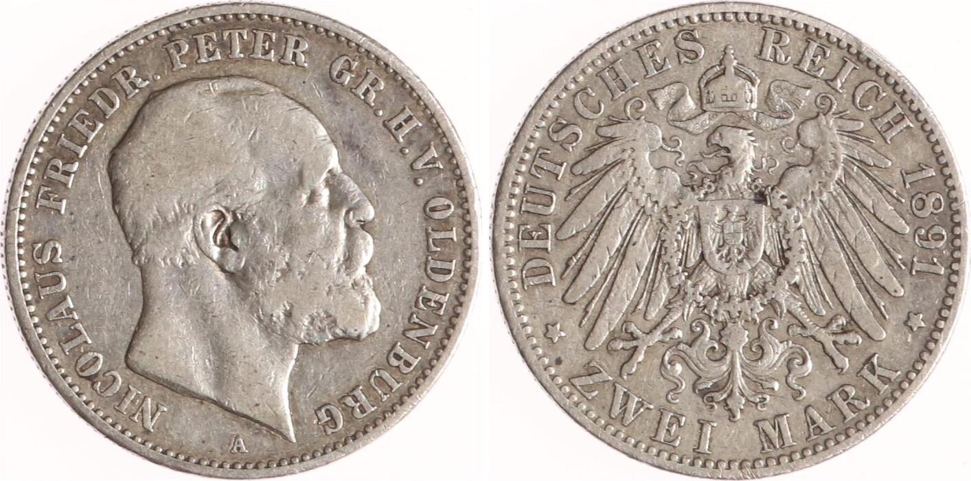 Oldenburg 2 Mark 1891 A Nicolaus Friedrich Peter 1853-1900. Sehr schön | MA-Shops