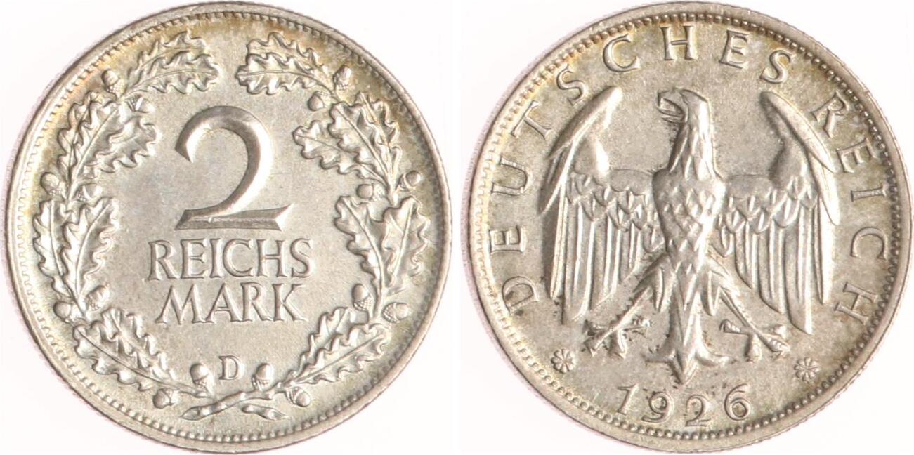 Weimarer Republik 2 Reichsmark 1926 D Vorzüglich | MA-Shops