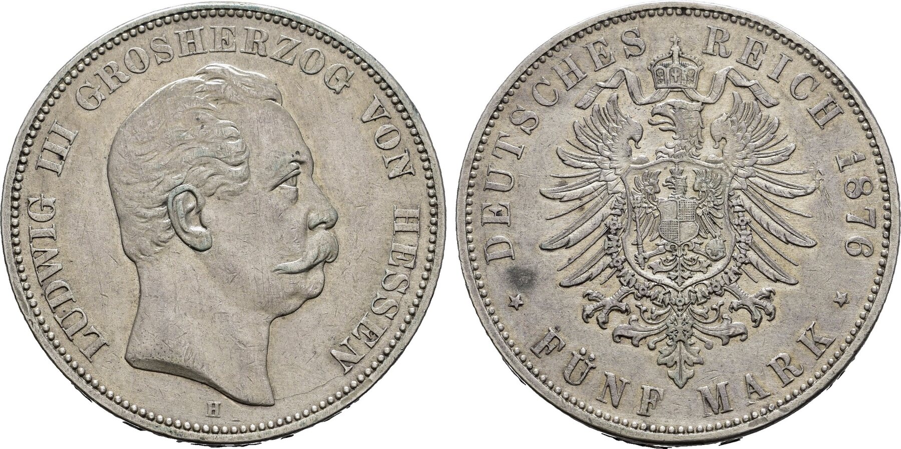 HESSEN, GROSSHERZOGTUM 5 Mark 1876. Ludwig III., 1848-1877 Fast vorzüglich | MA-Shops