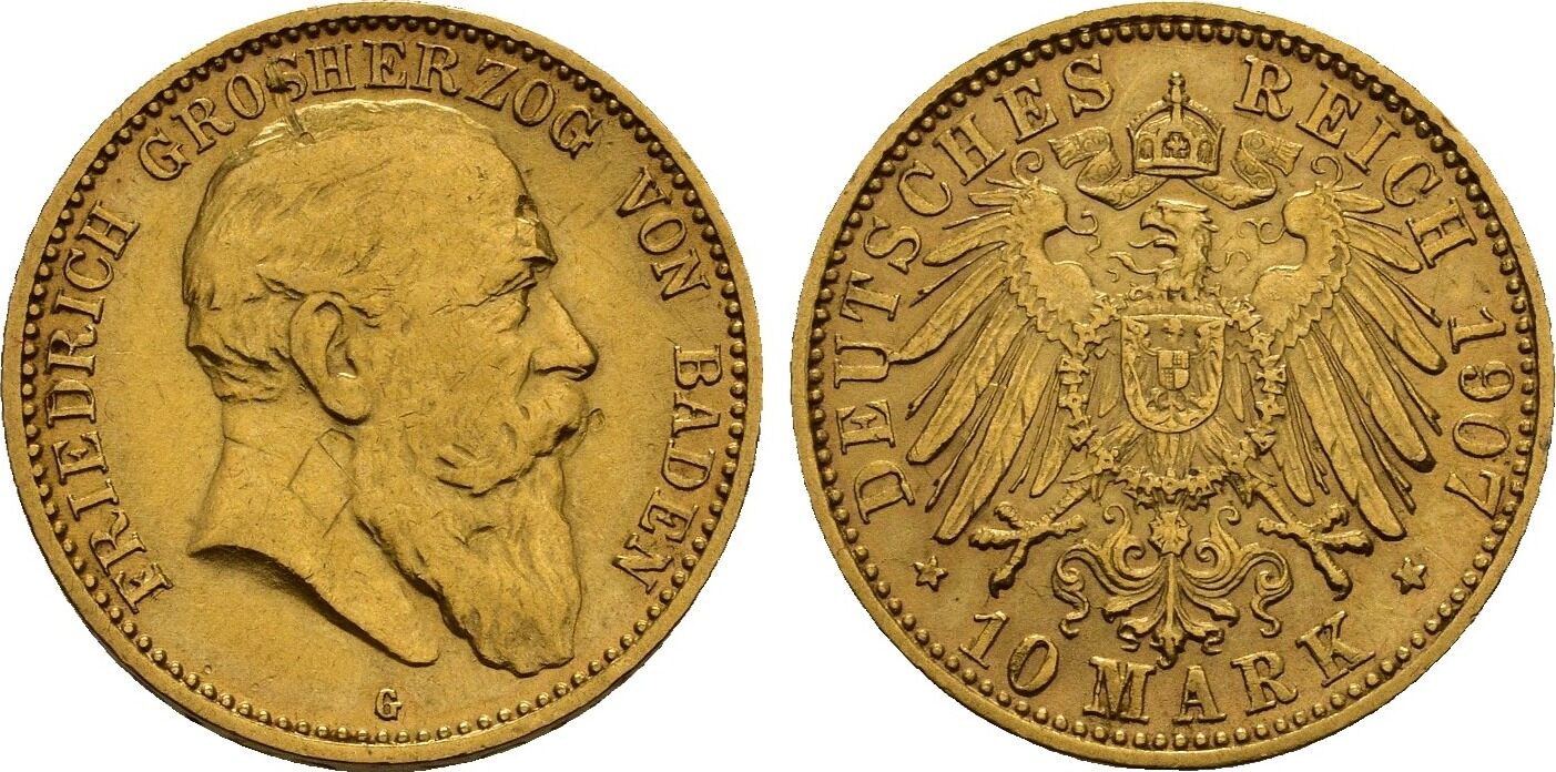 BADEN, GROSSHERZOGTUM 10 Mark GOLD 1907. Friedrich I., 1856-1907 Sehr ...