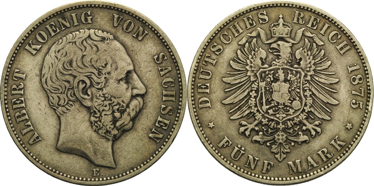 Sachsen 5 Mark 1875 E Albert 1873-1902 Kl. Rf., ss- | MA-Shops