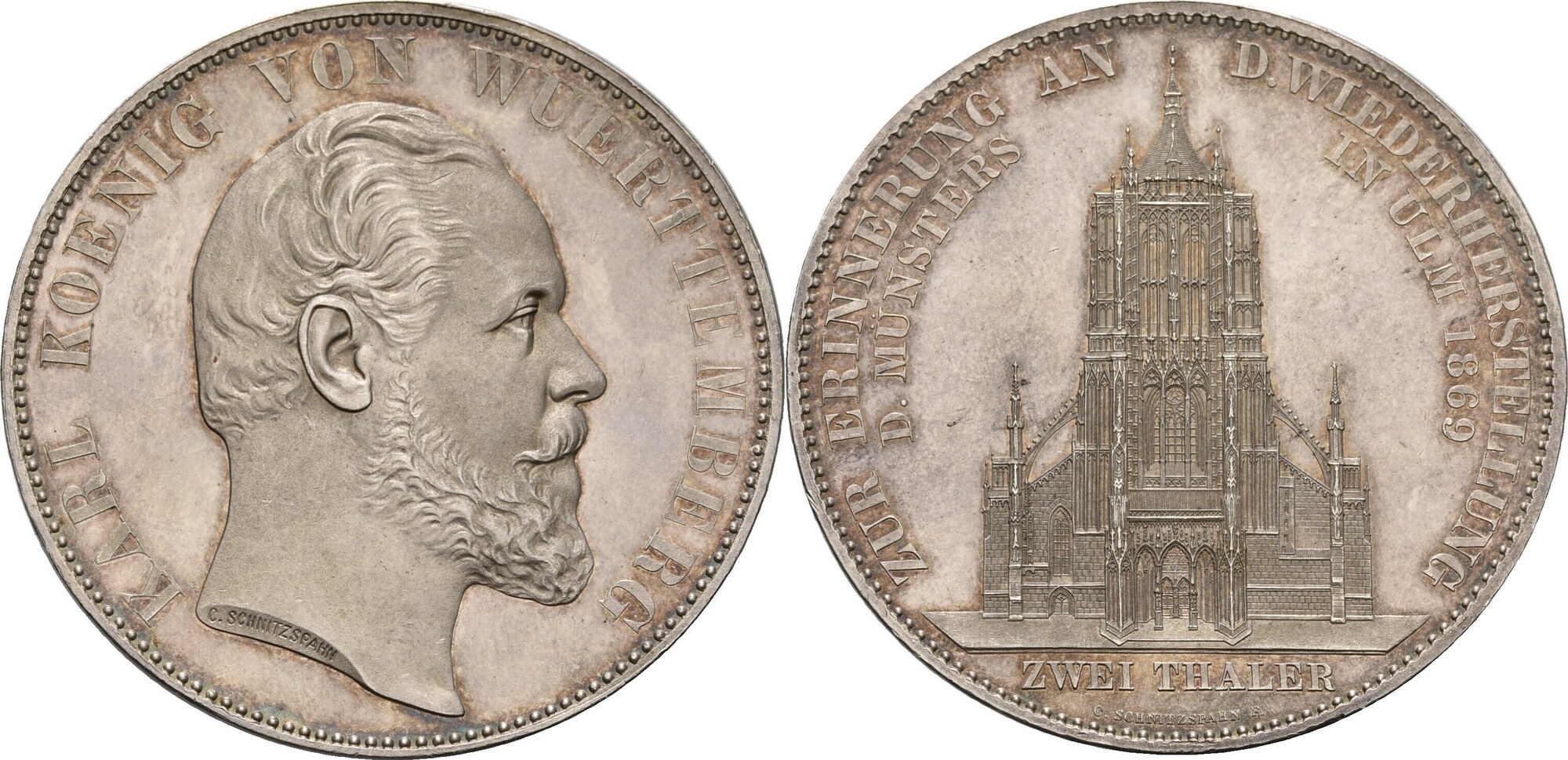 Württemberg Vereinsdoppeltaler 1869 Karl Ulmer Münster. Aus Feinsilber ...