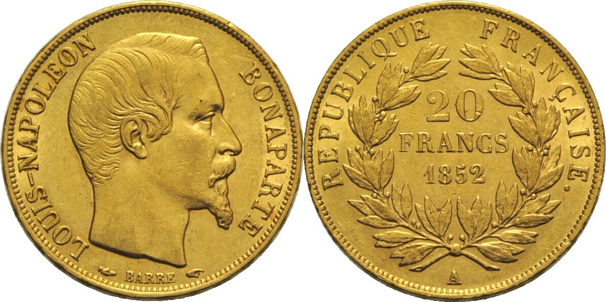 Frankreich 20 Francs 1852 A 2. Republik Louis-Napoleon Bonaparte vz- | MA-Shops