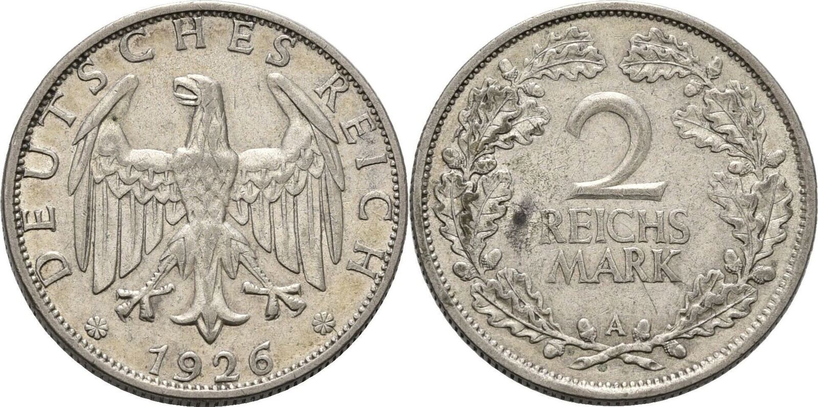 Weimarer Republik 2 Reichsmark 1926 A Kursmünze Kr., etw. fleckig, ss ...