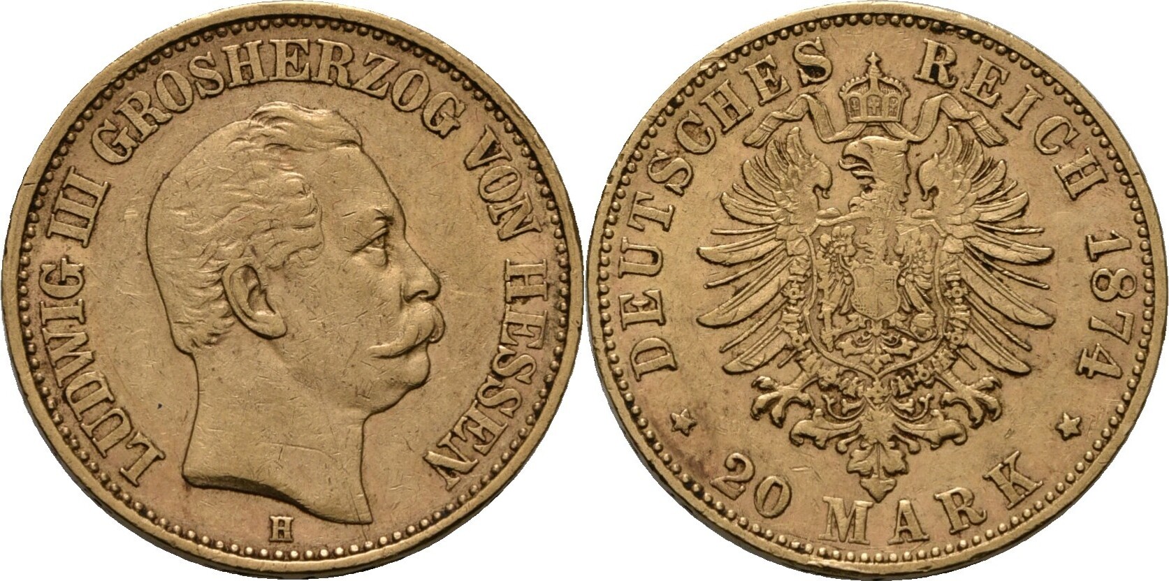 Hessen 20 Mark 1874 H Ludwig III. 1848-1877 J. 217 Min. Rf., ss | MA-Shops