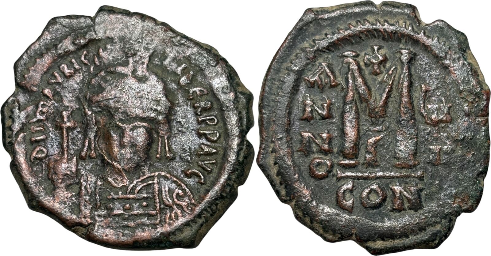 Byzantine Empire 588-589 AD. Maurice Tibère, Follis, Constantinople. ss ...