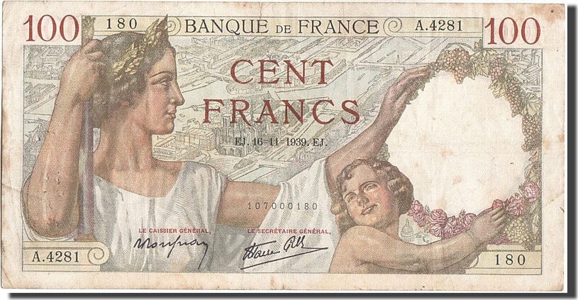 Frankreich 100 Francs 1939 Geldschein, 100 F 1939-1942 ''Sully'', 1939-11-16 S | MA-Shops
