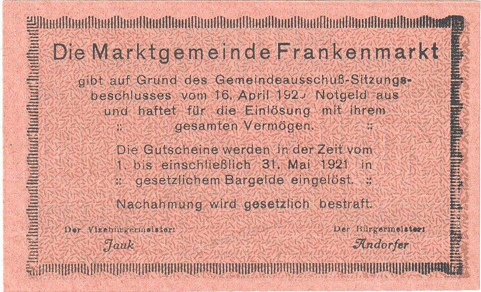 Österreich 10 Heller Geldschein, Frankenmarkt, rue, 1921 UNZ- Mehl:FS ...
