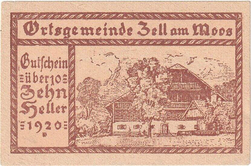 Österreich 10 Heller Geldschein, Zell am Moos, chalet, 1920 UNZ- Mehl ...