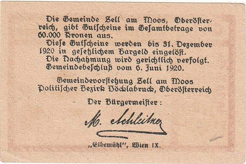 Österreich 10 Heller Geldschein, Zell am Moos, chalet, 1920 UNZ- Mehl ...