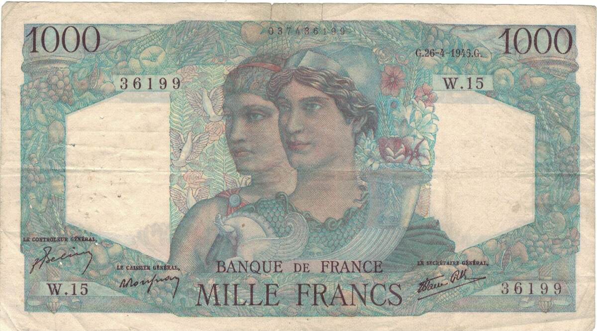 Frankreich 1000 Francs 1945 Minerve et Hercule, W.15 36199, S, Fayette ...