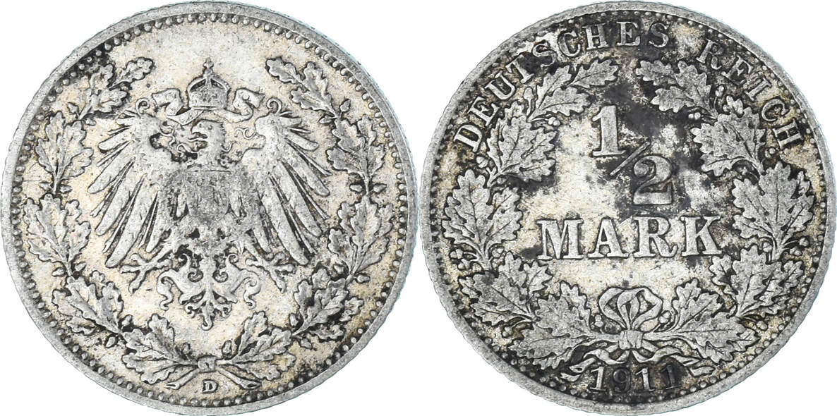 GERMANY - EMPIRE 1/2 Mark 1911 D Münze, München, SS, Silber, KM:17 | MA-Shops