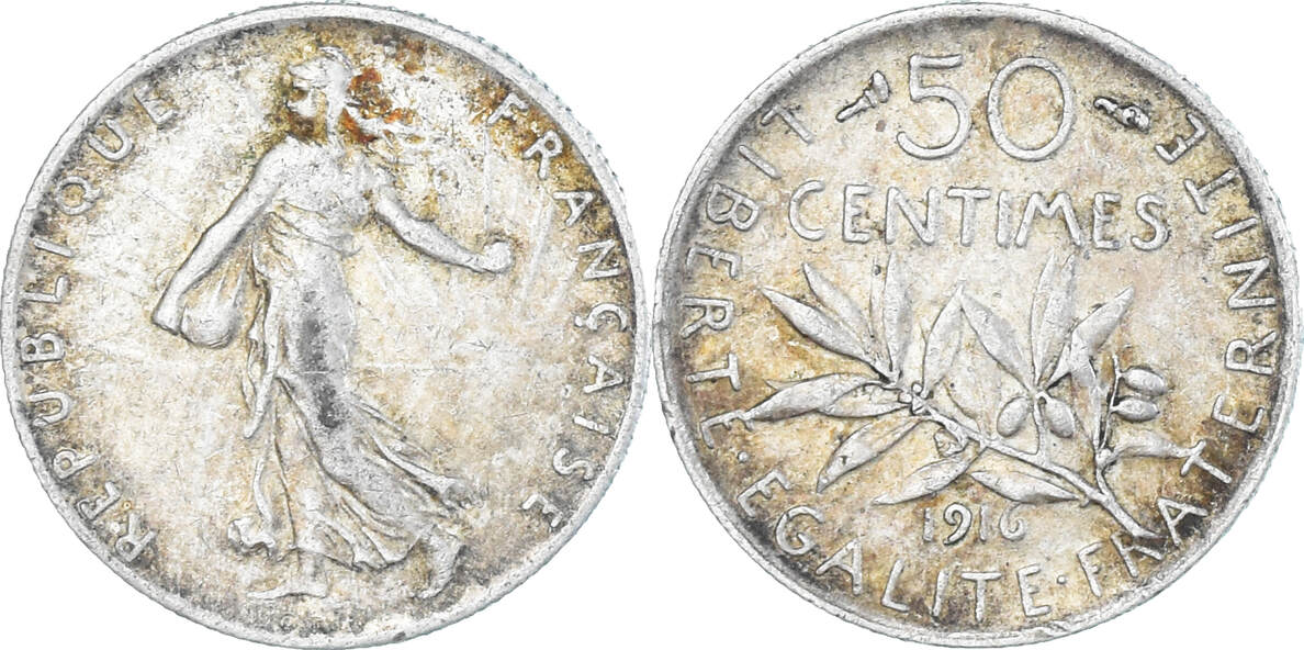 Frankreich 50 Centimes 1916 Paris Münze, Semeuse, Paris, S+, Silber, KM:854 | MA-Shops