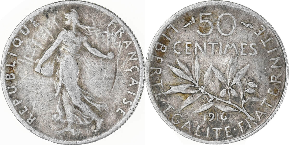 Frankreich 50 Centimes 1916 Paris Münze, Semeuse, Paris, SS, Silber, KM:854 | MA-Shops