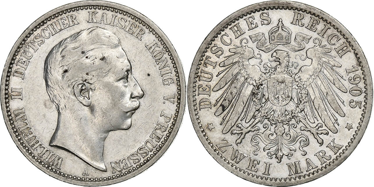 Deutsch Staaten 2 Mark 1905 A PRUSSIA, Wilhelm II, Berlin, Silber, SS ...