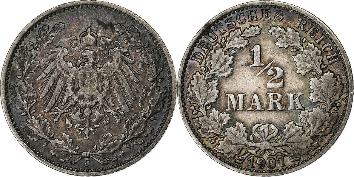 German Empire 1/2 Mark 1907 J GERMANY - EMPIRE, Hambourg, Silber, SS+, KM:17 | MA-Shops