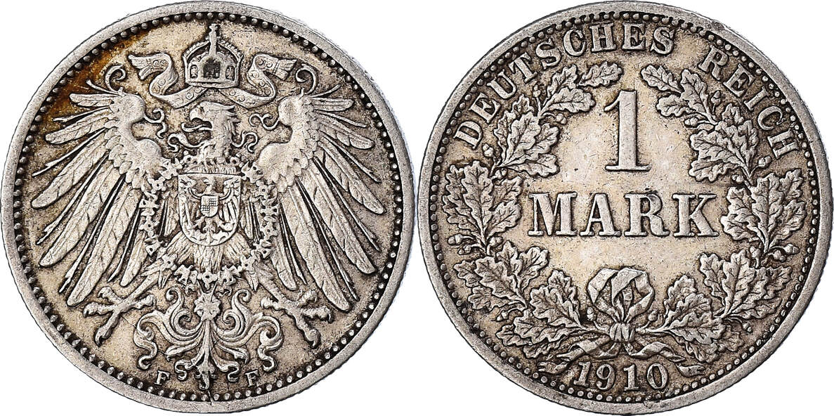 GERMANY - EMPIRE Mark 1910 F Münze, Wilhelm II, Stuttgart, SS+, Silber, KM:14 | MA-Shops