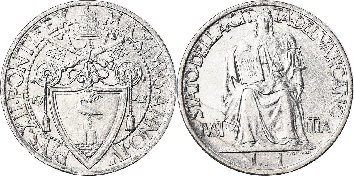 Vatikanstadt Lira 1942 Rome Münze, Pius XII, Roma, UNZ, Stainless Steel, KM:35 | MA-Shops