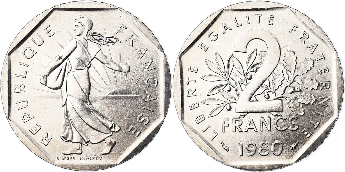 Frankreich 2 Francs 1980 Paris Münze, Semeuse, Paris, FDC, STGL, Nickel, KM:942.1 | MA-Shops