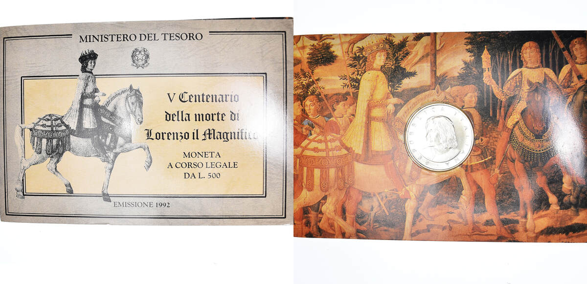 Italien 500 Lire 1992 Münze, Lorenzo il Magnifico, BU, STGL, Silber, KM:149 | MA-Shops