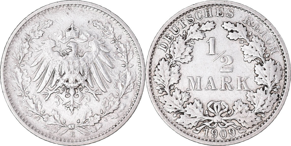 GERMANY - EMPIRE 1/2 Mark 1909 F Münze, Muldenhütten, SS, Silber, KM:17 | MA-Shops