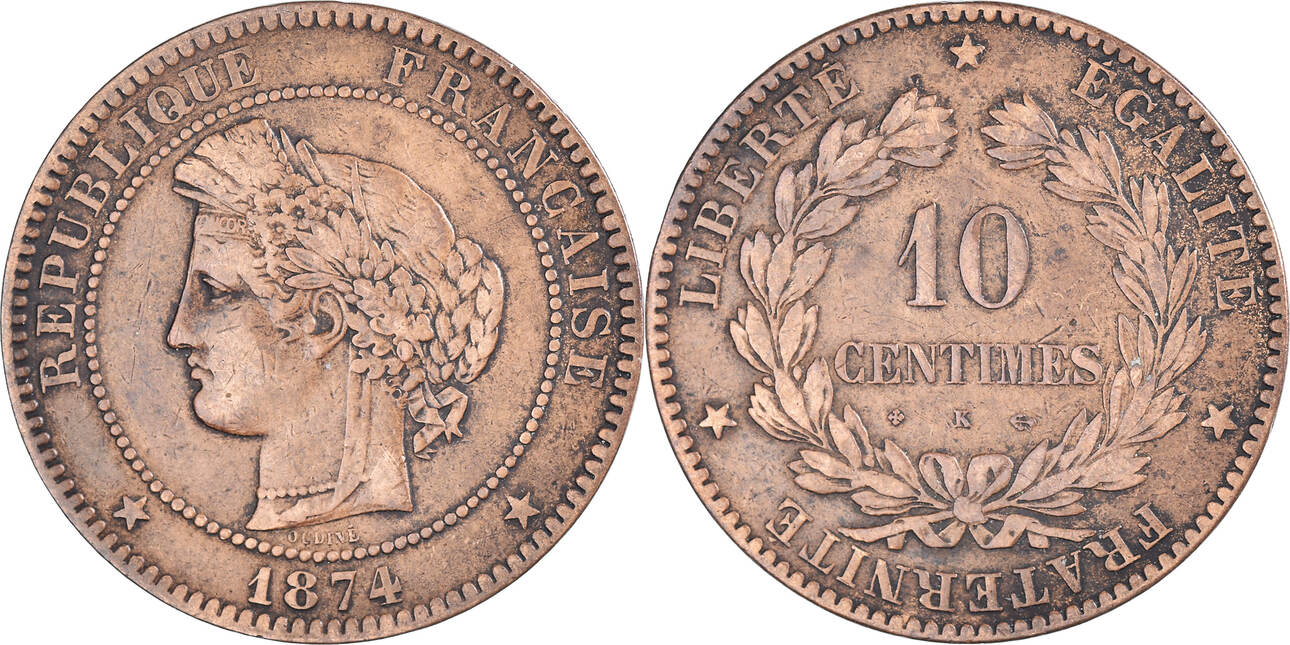 Frankreich 10 Centimes 1874 K Münze, Cérès, Bordeaux, S+, Bronze, KM ...