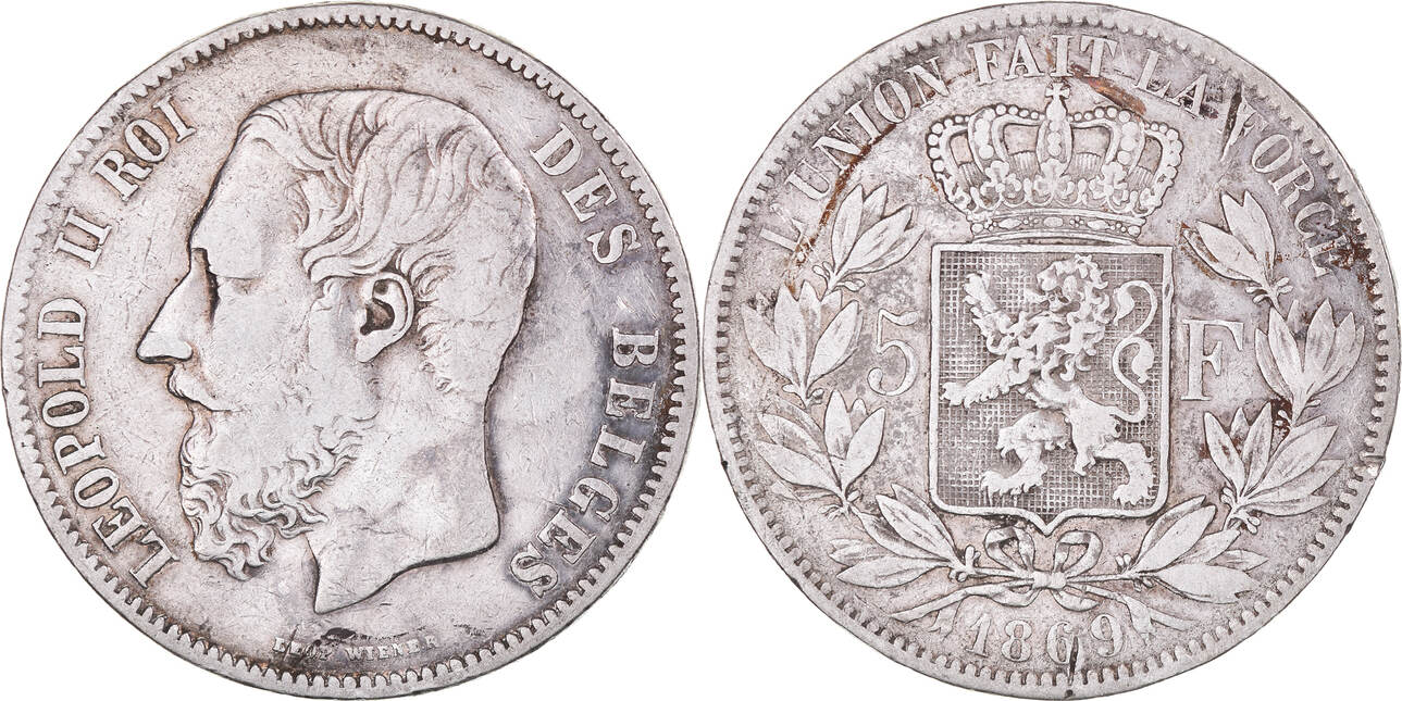 Belgien 5 Francs, 5 Frank 1869 Münze, Leopold II, S+, Silber, KM:24 | MA-Shops