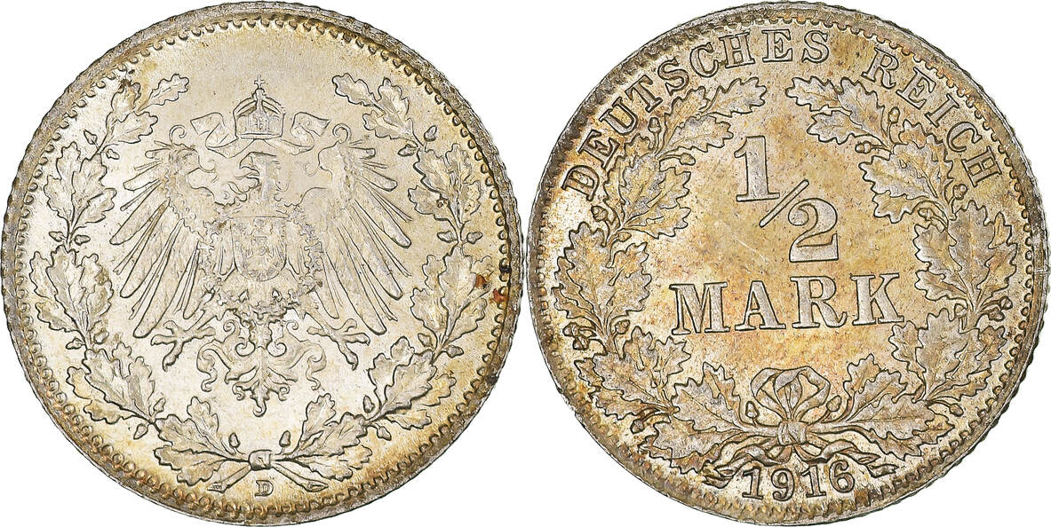 GERMANY - EMPIRE 1/2 Mark 1916 D Münze, Munich, VZ, Silber, KM:17 | MA-Shops