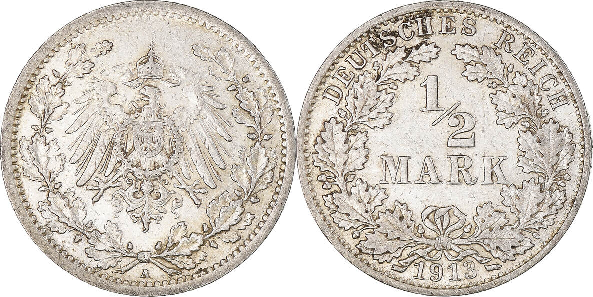 GERMANY - EMPIRE 1/2 Mark 1913 A Münze, Berlin, VZ, Silber, KM:17 | MA-Shops