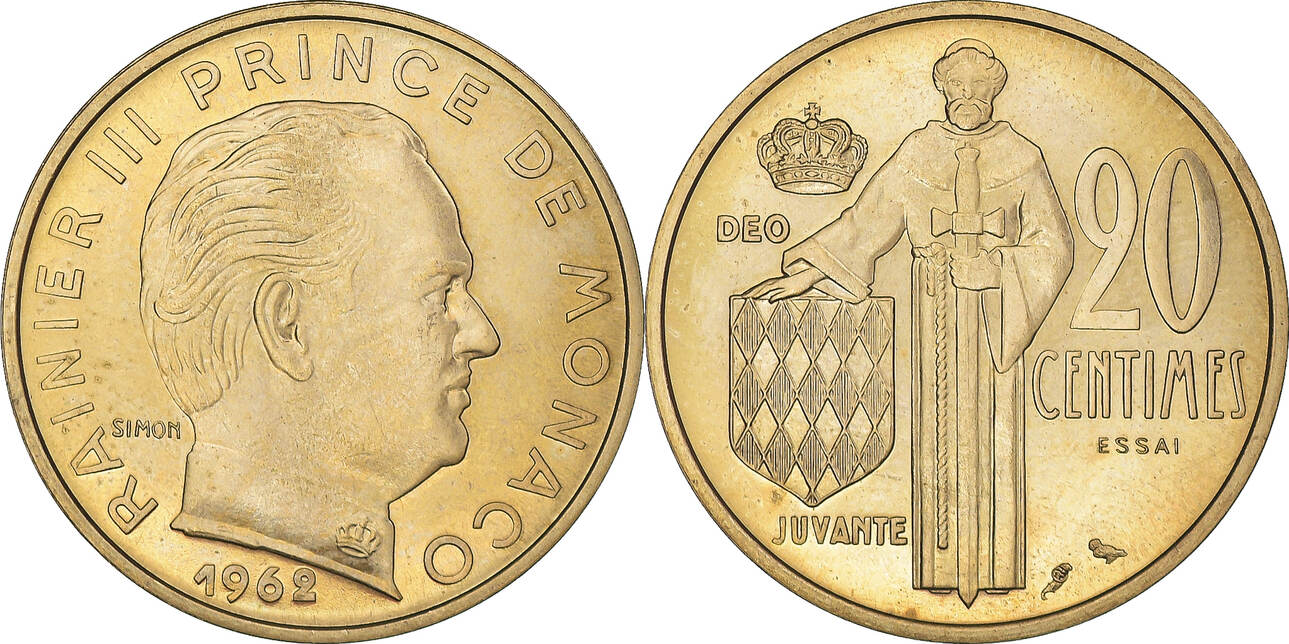Monaco 20 Centimes 1962 Münze, Rainier III, ESSAI, VZ+, Cupro-Aluminium ...